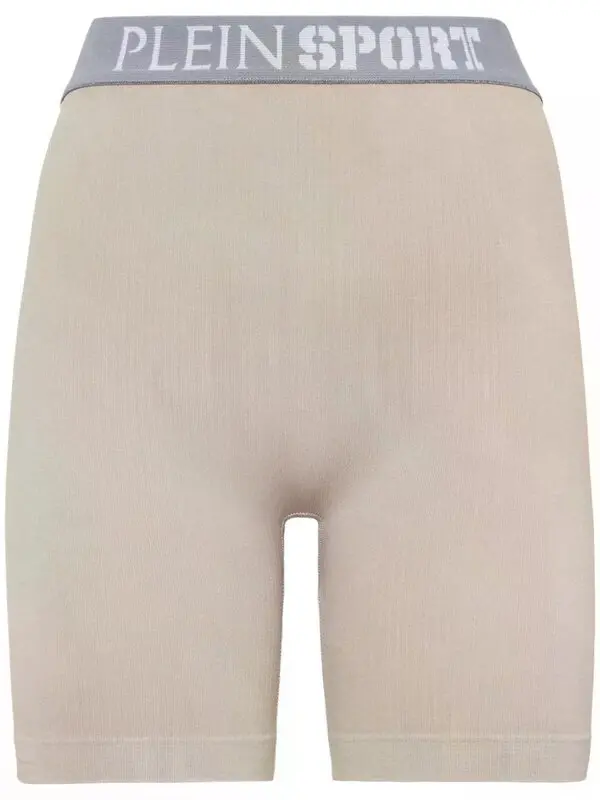 PLEIN SPORT Logo-waistband Fine-ribbed Cycling Shorts - Neutrals
