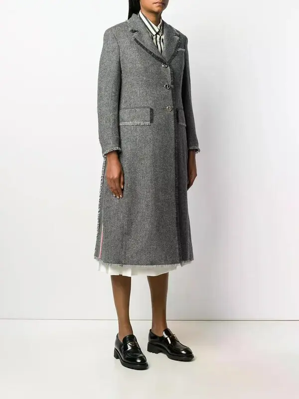 Thom Browne Rwb Stripe Frayed Edge Coat