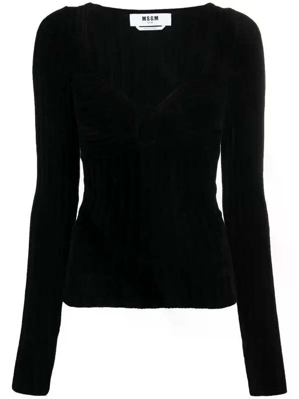 MSGM Twist-front Ribbed Long-sleeve Top