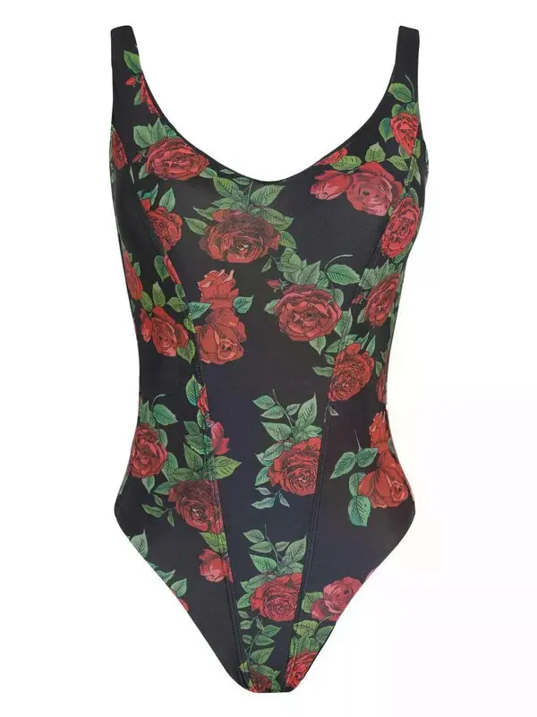 AMIR SLAMA Rose-print Swimsuit - Black