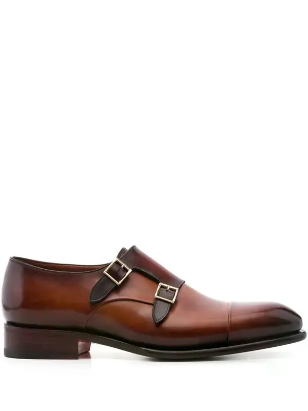 Santoni Polished Leather Monk Shoes - Brown