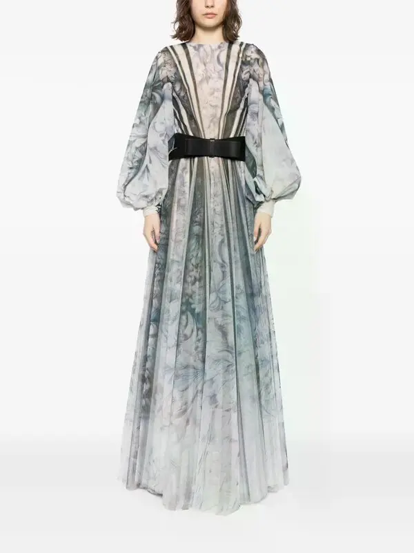 SAIID KOBEISY Abstract-print Belted Gown - Grey