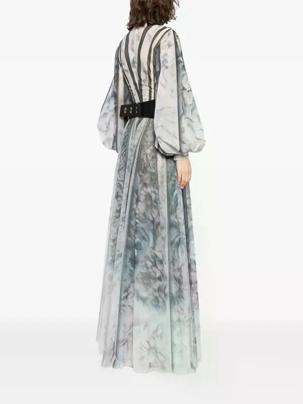 SAIID KOBEISY Abstract-print Belted Gown - Grey