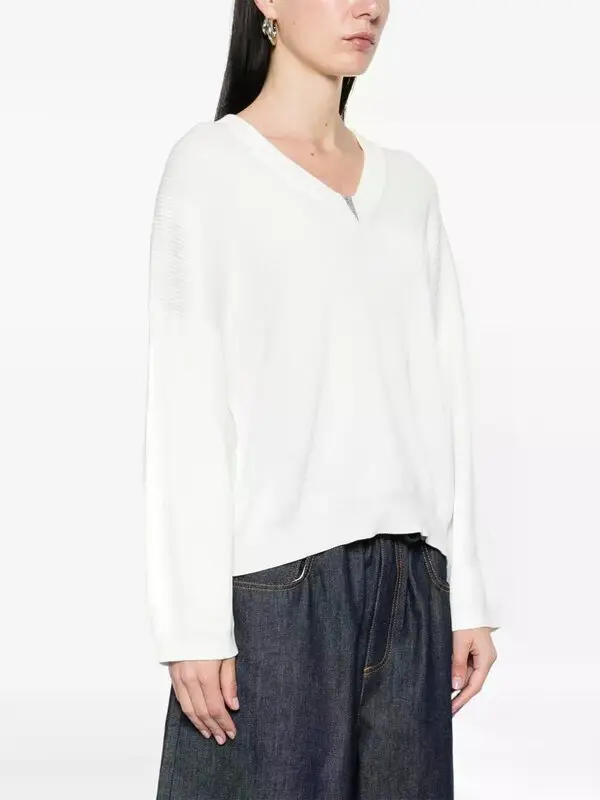 Brunello Cucinelli V-neck Sweater With Monili Chain Detail - White