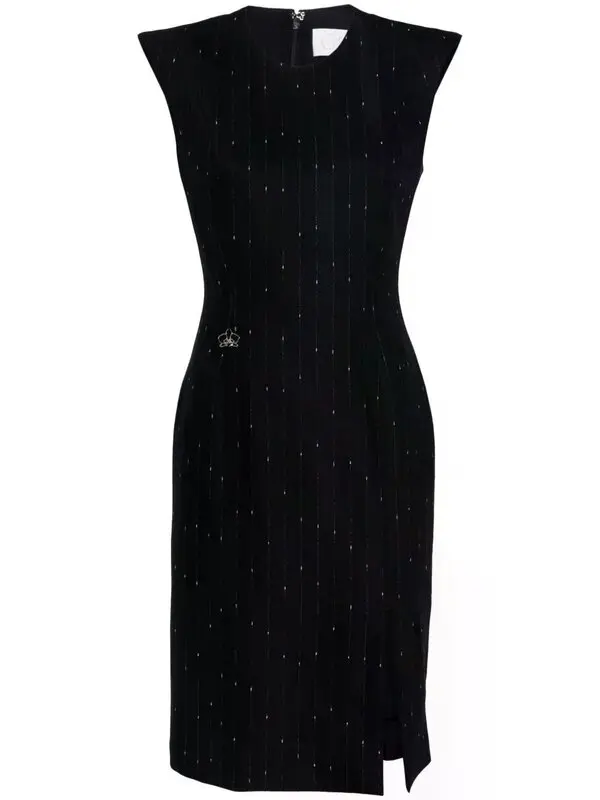 GENNY Pinstriped Bodycon Midi Dress With Floral Appliqu