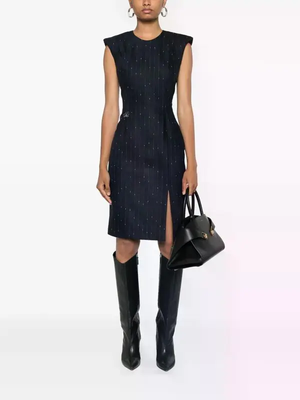 GENNY Pinstriped Bodycon Midi Dress With Floral Appliqu