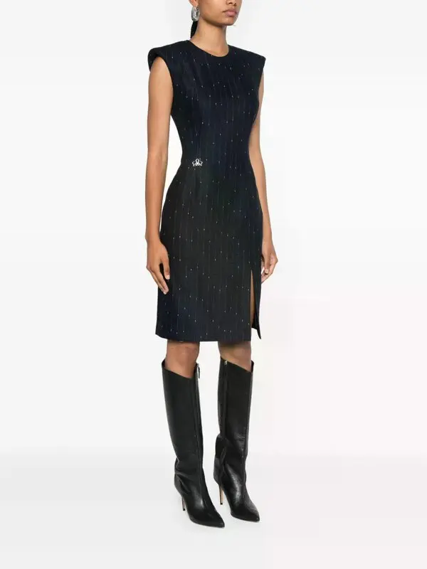 GENNY Pinstriped Bodycon Midi Dress With Floral Appliqu