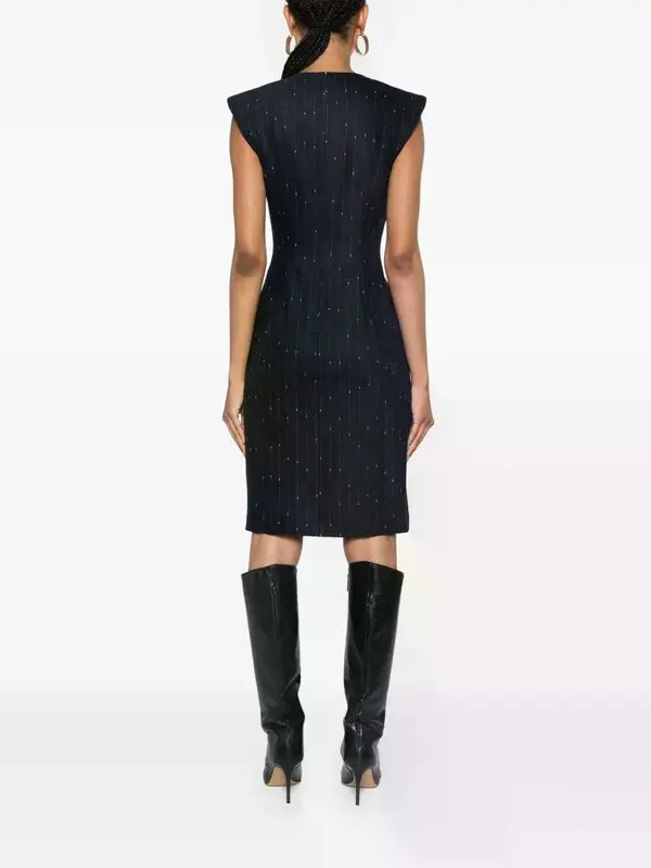 GENNY Pinstriped Bodycon Midi Dress With Floral Appliqu