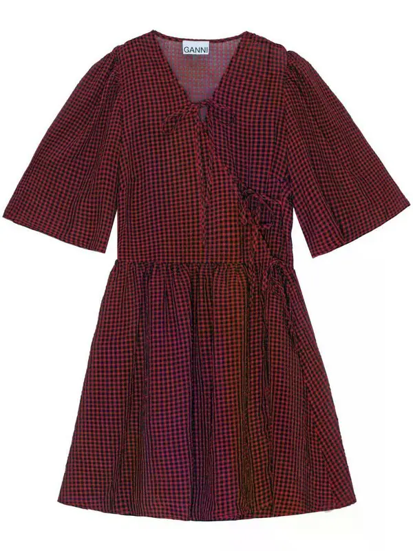 GANNI Gingham-print Mini Wrap Dress