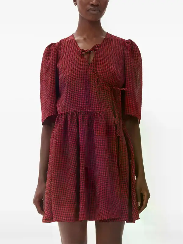 GANNI Gingham-print Mini Wrap Dress