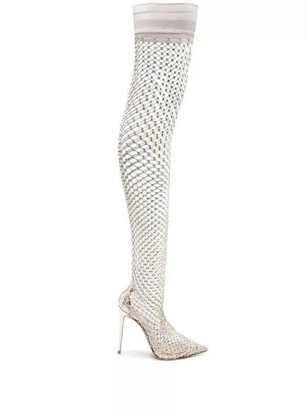LE SILLA Gilda 120mm Rhinestone Fishnet Boots - Gold