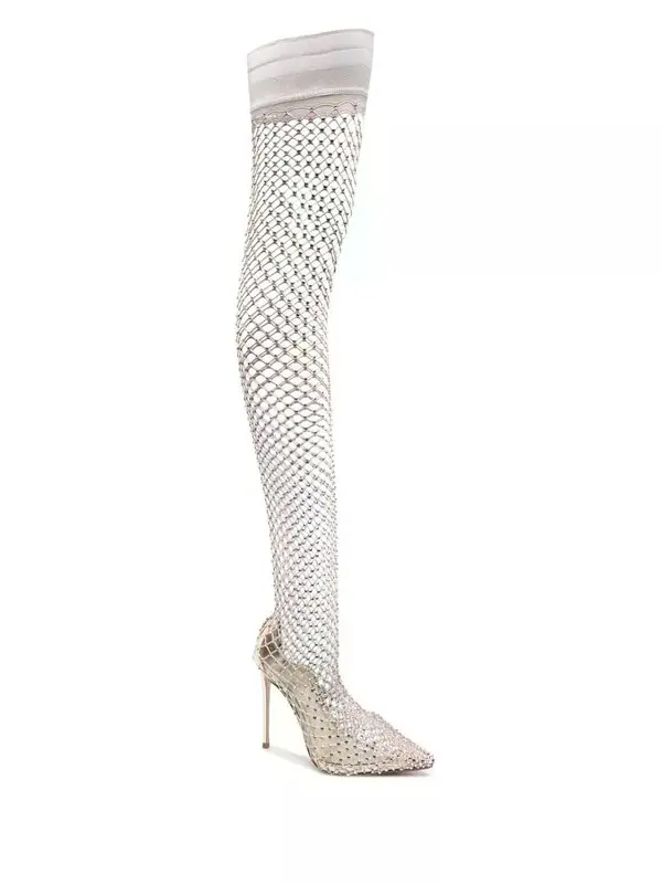 LE SILLA Gilda 120mm Rhinestone Fishnet Boots - Gold