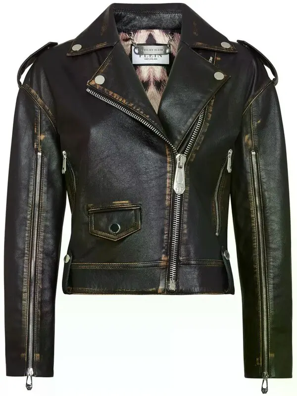 Philipp Plein Logo-lettering Leather Biker Jacket - Black