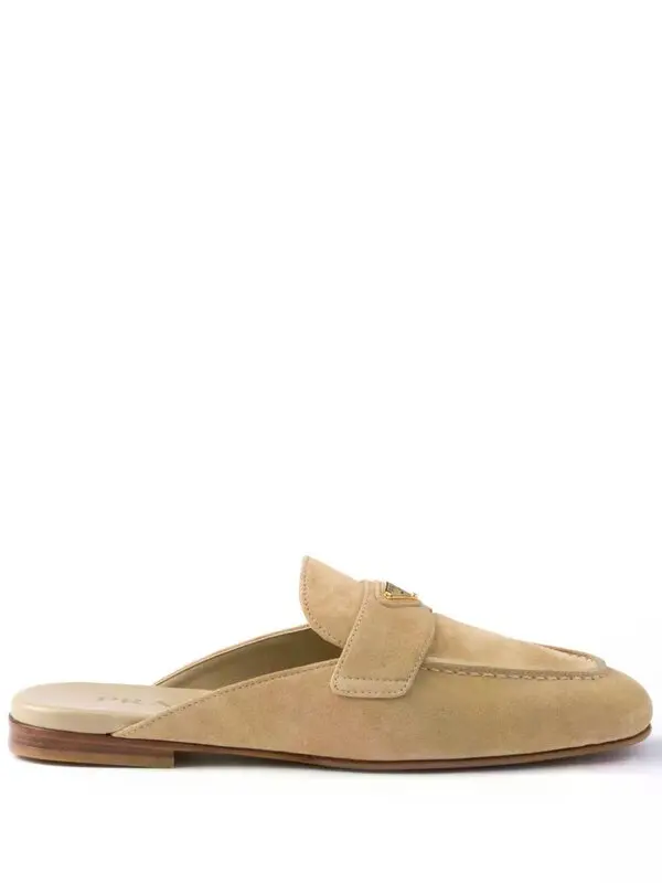 Prada Suede Mule With Enameled Metal Triangle Logo - Neutrals