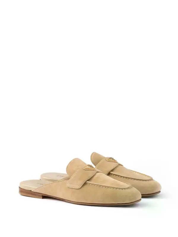 Prada Suede Mule With Enameled Metal Triangle Logo - Neutrals