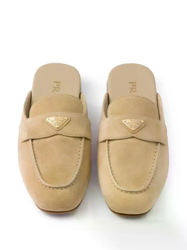Prada Suede Mule With Enameled Metal Triangle Logo - Neutrals