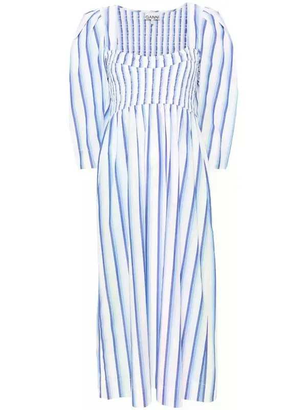 GANNI Striped Poplin Midi Dress - Blue