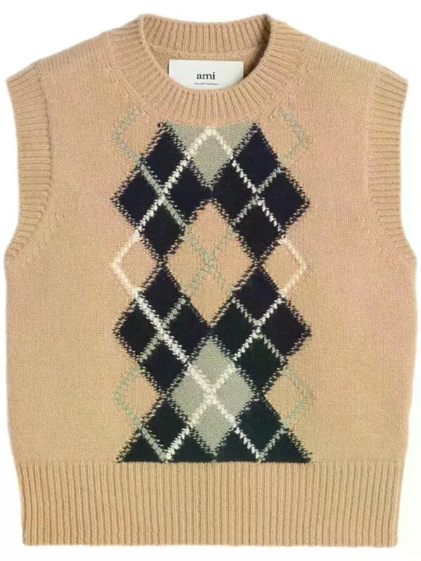 AMI Paris Check-pattern Wool-blend Vest - Neutrals