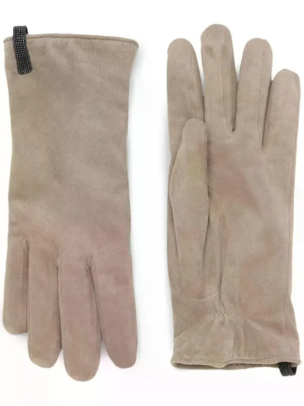 Brunello Cucinelli Suede Gloves With Monili Embroidery - Neutrals