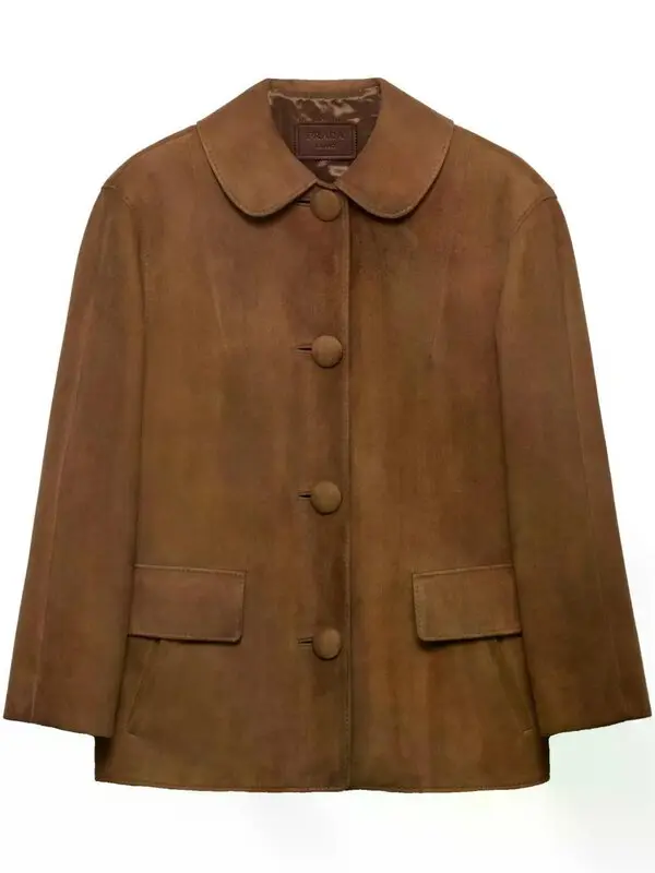 Prada Suede Jacket With Classic Collar And Flap Pockets - Brown