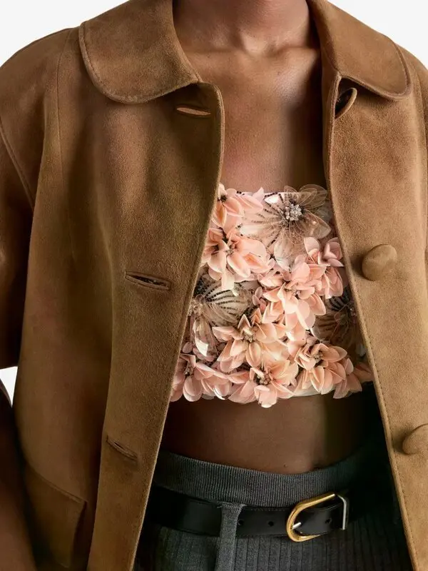 Prada Suede Jacket With Classic Collar And Flap Pockets - Brown