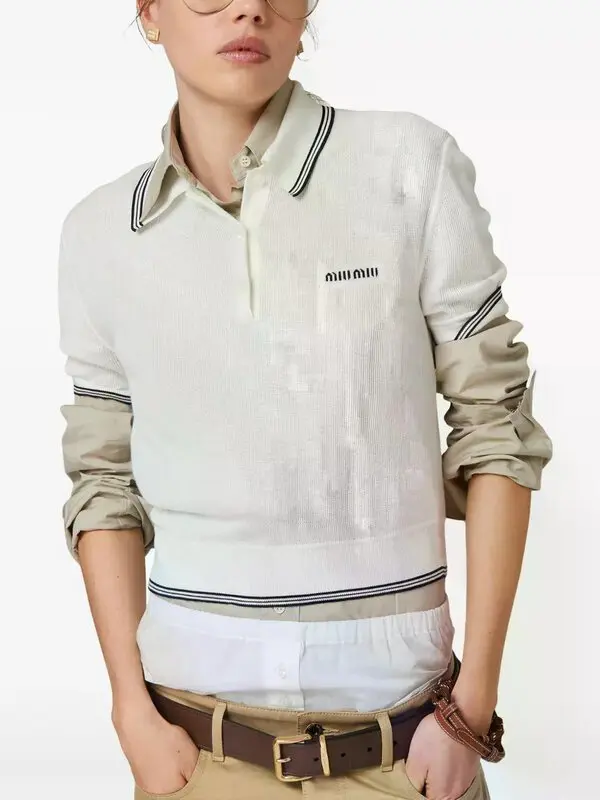Miu Miu Cotton Polo Top With Stripe Detail - White