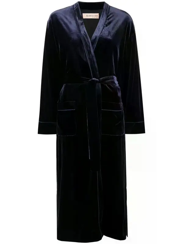 BLANCA VITA Velvet-effect Tie-waist Coat - Blue