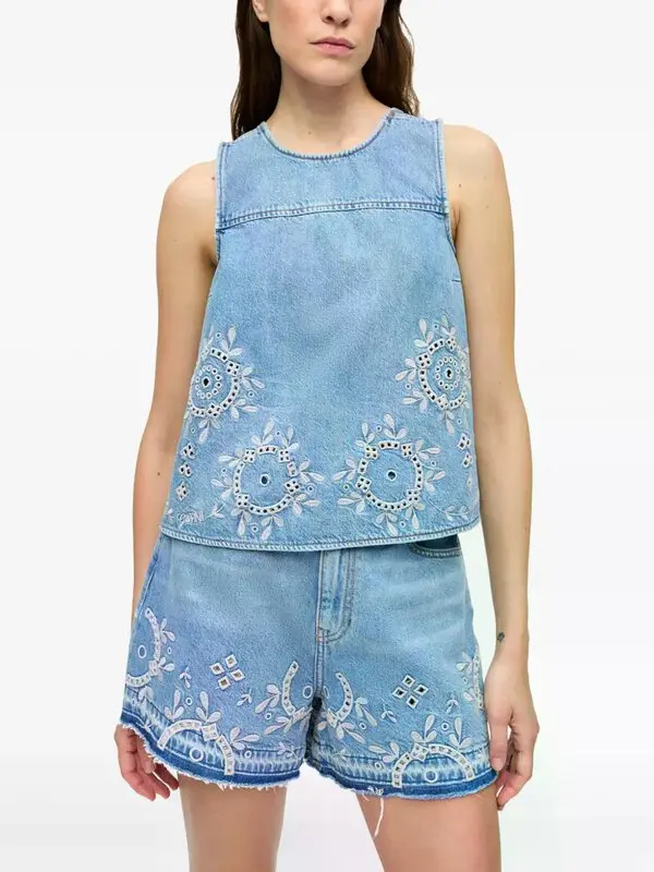 GANNI Open-back Denim Top With Embroidered Detail