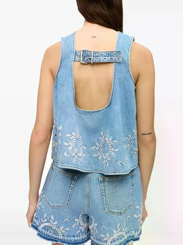 GANNI Open-back Denim Top With Embroidered Detail