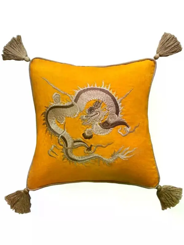 LES-OTTOMANS Dragon Embroidered Cushion - Yellow