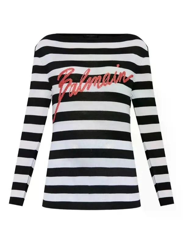 Balmain Striped Long Sleeve Jumper With Embellished Logo