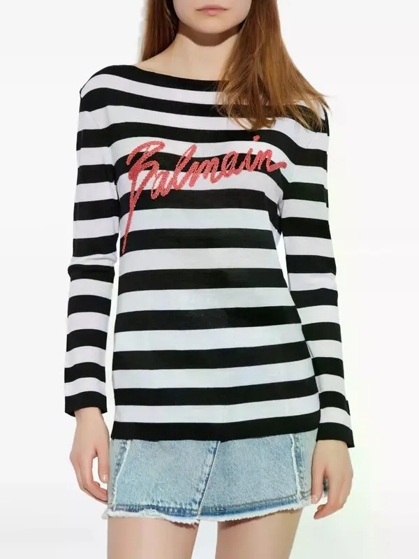 Balmain Striped Long Sleeve Jumper With Embellished Logo