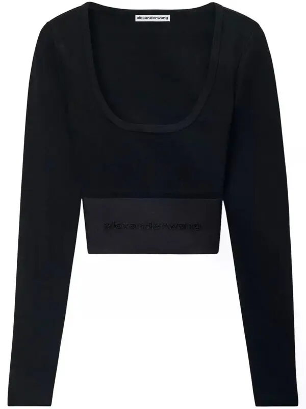 Alexander Wang Long-sleeve Cropped Scoop Neck Top With Logo Underband