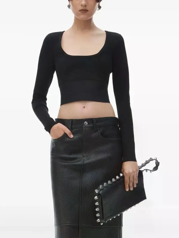 Alexander Wang Long-sleeve Cropped Scoop Neck Top With Logo Underband