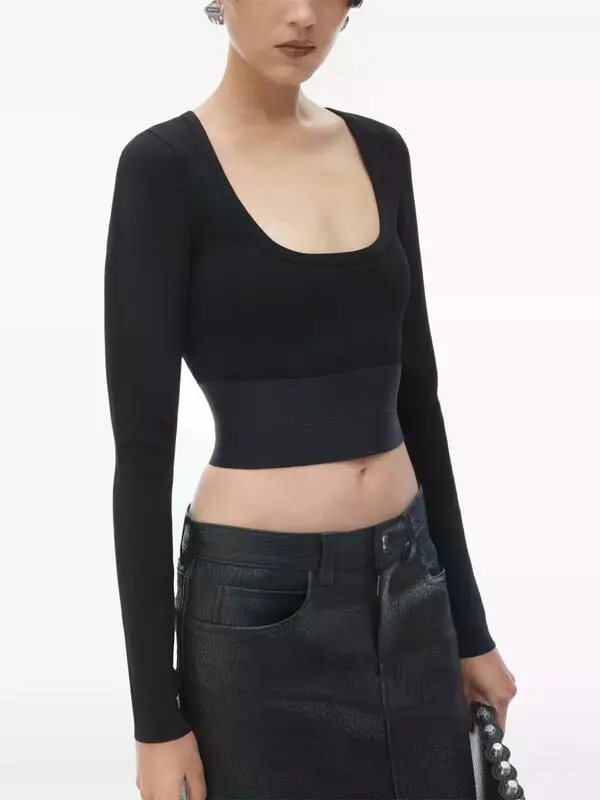 Alexander Wang Long-sleeve Cropped Scoop Neck Top With Logo Underband