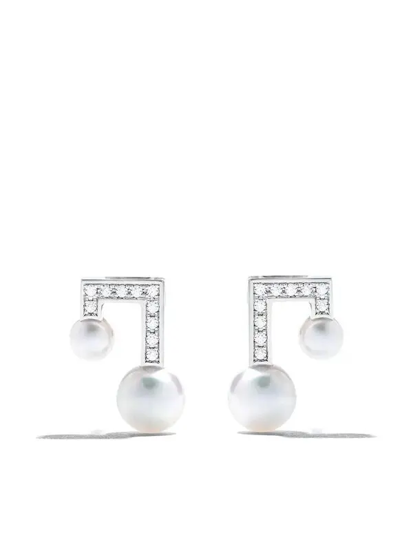 TASAKI 18kt White Gold Balance Note Pavé Diamond And Akoya Pearl Stud Earrings - Silver