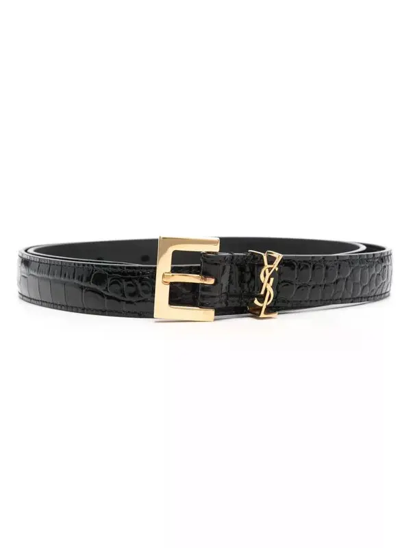 Saint Laurent Cassandre Crocodile-embossed Belt - Black