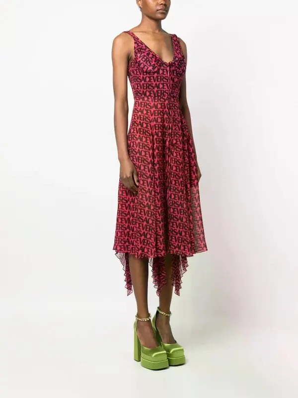 Versace Logo-print Asymmetric-hem Silk Dress