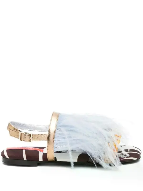 La DoubleJ Medal Feather-trim Sandals - Blue