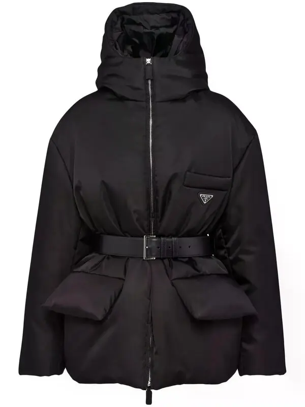 Prada Re-nylon Hooded Down Jacket With Belt