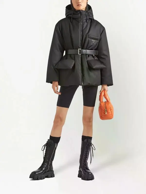Prada Re-nylon Hooded Down Jacket With Belt