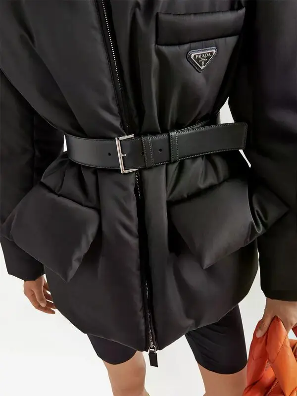 Prada Re-nylon Hooded Down Jacket With Belt