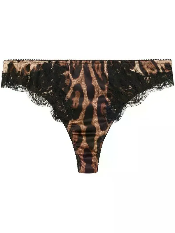 Dolce & Gabbana Leopard-print Lace-trim Thong - Brown