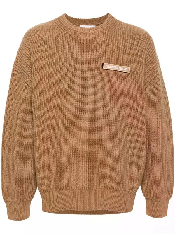 MARINE SERRE Camel Brown Merino Wool Ribbed Crew Neck Sweater