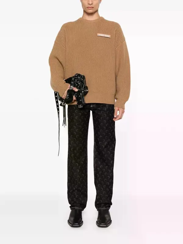 MARINE SERRE Camel Brown Merino Wool Ribbed Crew Neck Sweater