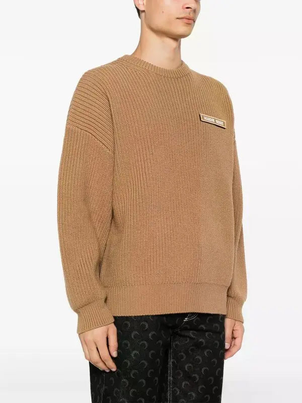 MARINE SERRE Camel Brown Merino Wool Ribbed Crew Neck Sweater