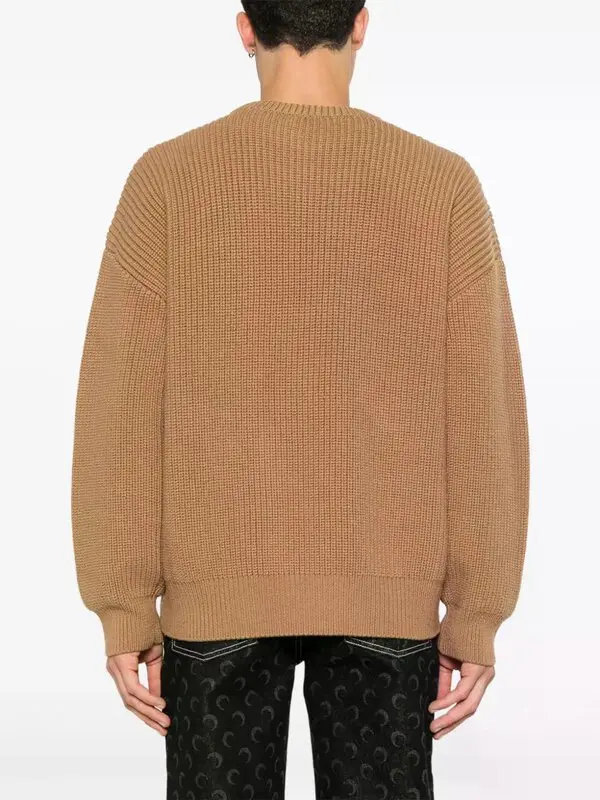 MARINE SERRE Camel Brown Merino Wool Ribbed Crew Neck Sweater