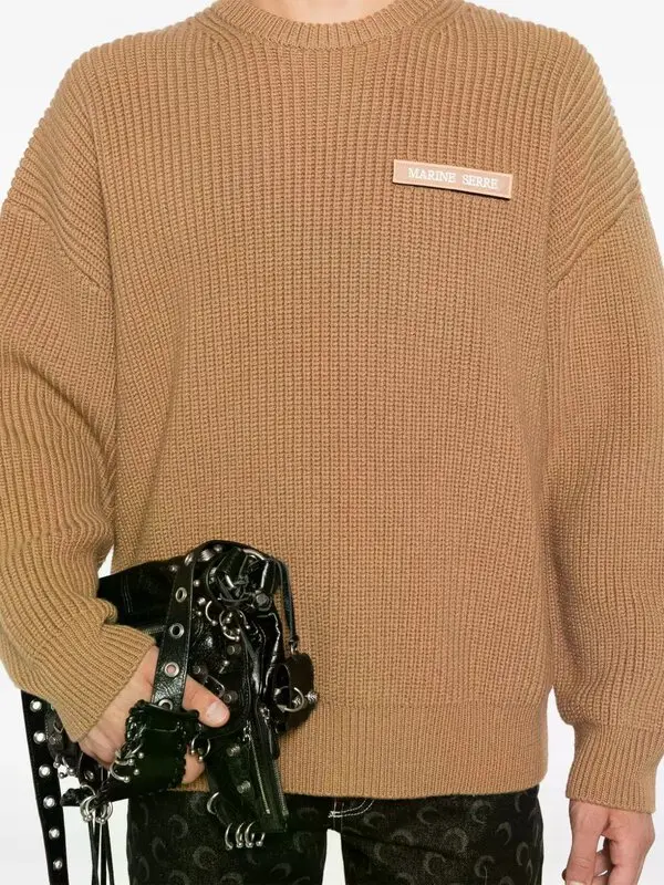 MARINE SERRE Camel Brown Merino Wool Ribbed Crew Neck Sweater