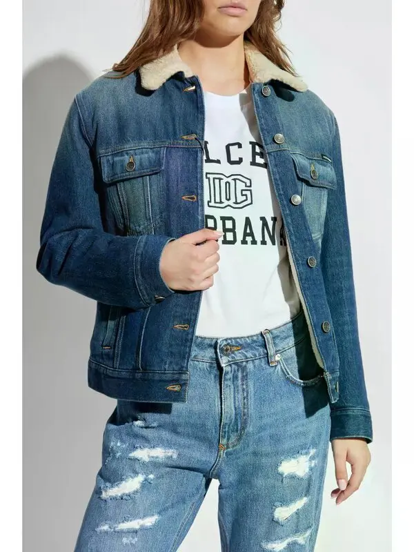Dolce & Gabbana Denim Jacket With Faux-fur Collar And Logo Appliqu