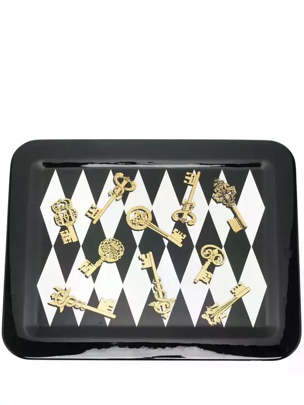 FORNASETTI Gold Keys-print Rectangular Tray - Black